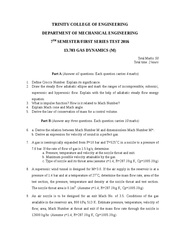 Gas Dynamics Test Paper - 7th Semester | PDF | Science & Mathematics