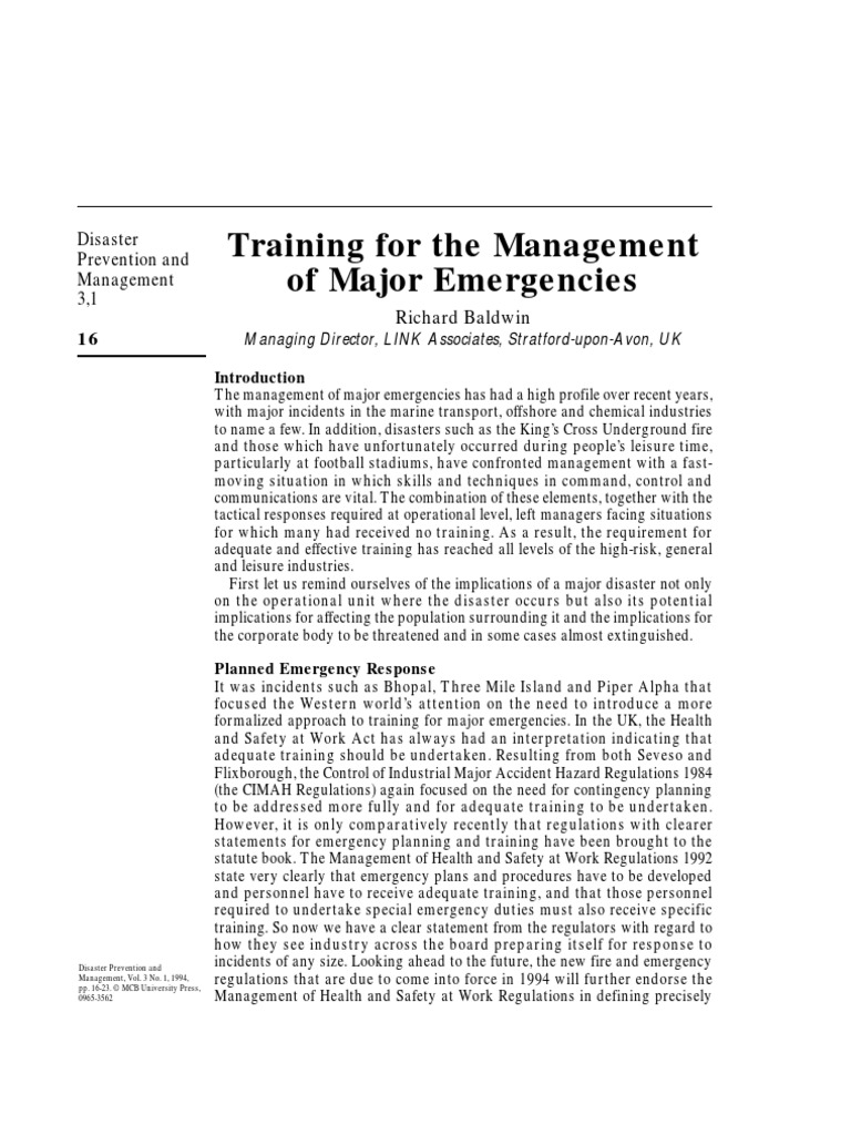 Training For The Management of Major Emergencies: Disaster Prevention ...