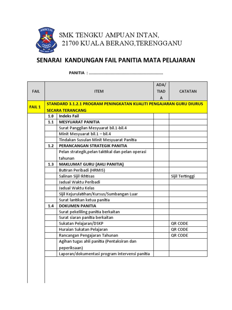 Senarai Semak Kandungan Fail Panitia | PDF