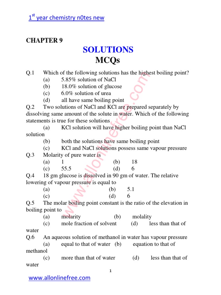 9 CHAPTER SOLUTIONS MCQs | PDF | Solution | Solubility