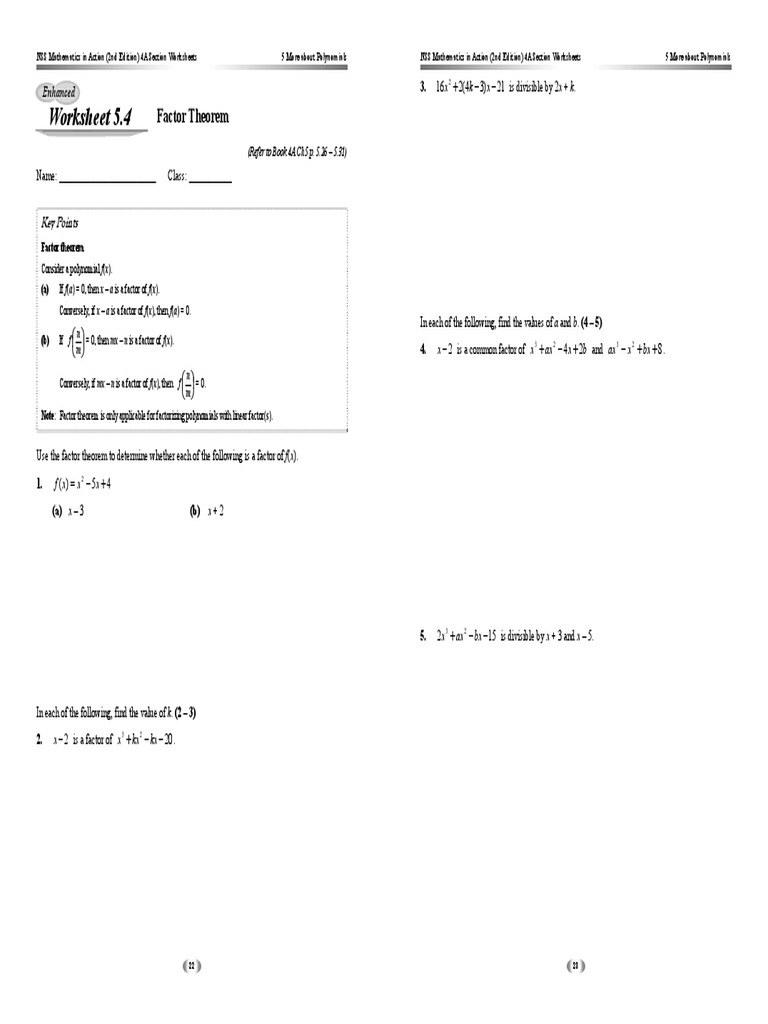 Worksheet 5.4: Factor Theorem | PDF | Polynomial | Computational Science