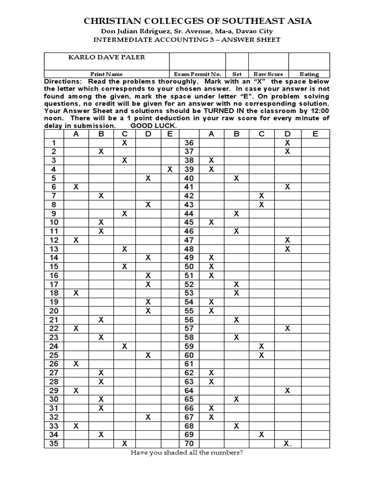 Paler Midterm Exam Ans Sheet | PDF | Teaching Mathematics