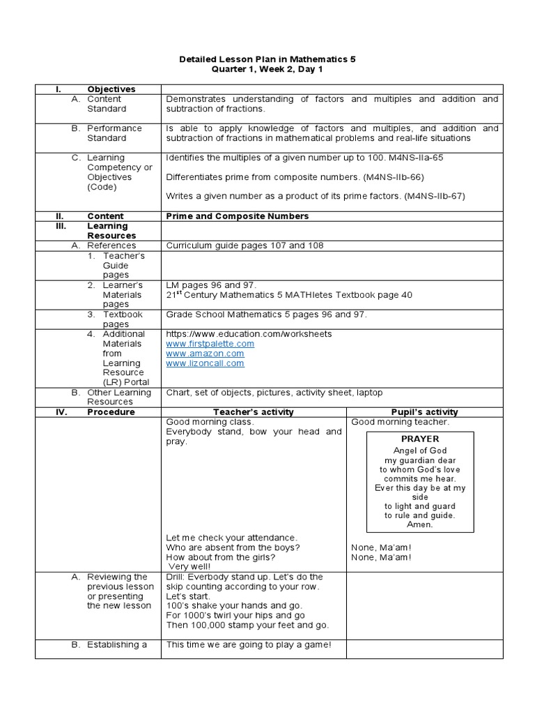 Detailed Lesson Plan in Math 5 | PDF | Prime Number | Constructivism ...