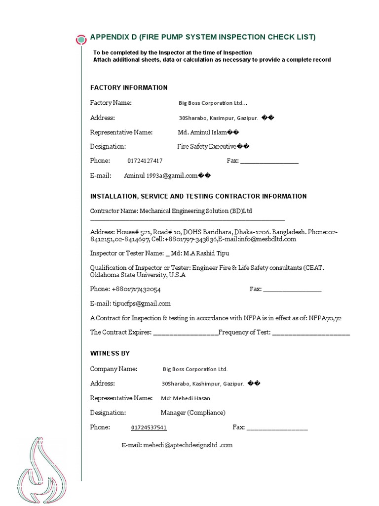 Appendix D (Fire Pump System Inspection Check List) : Factory ...