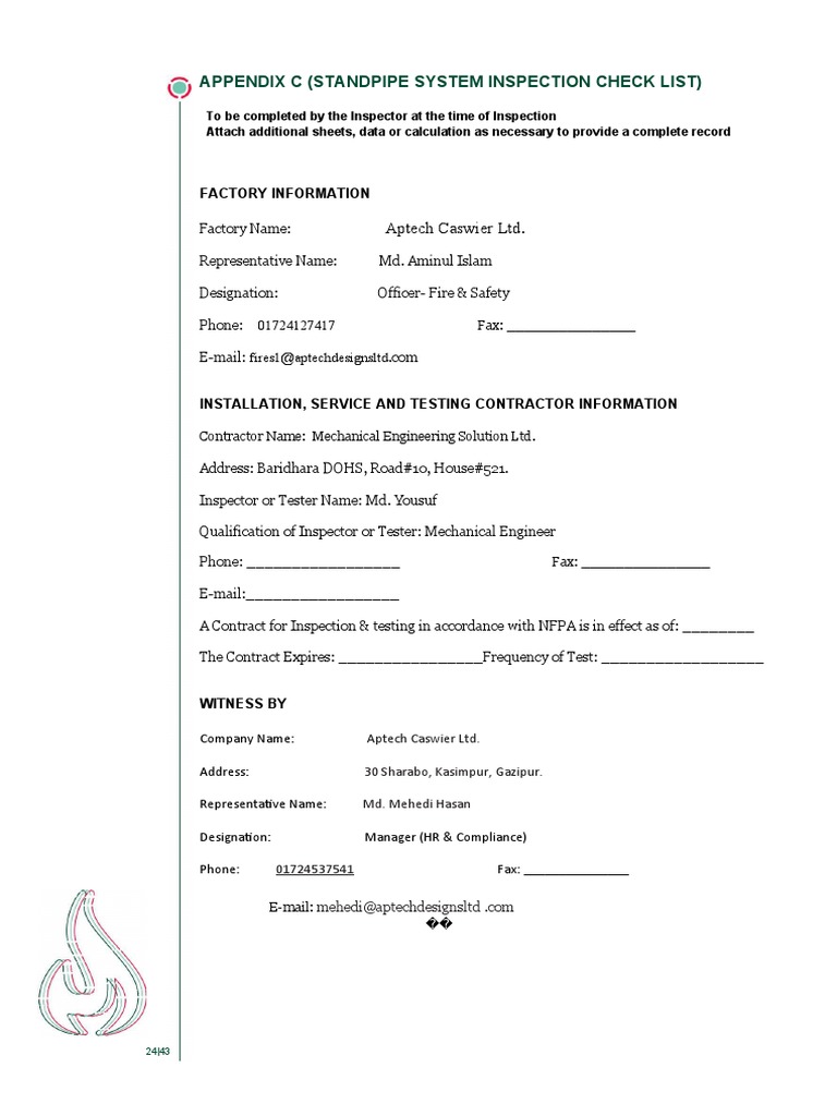 Stand Pipe System Check List | PDF | Valve | Gas Technologies