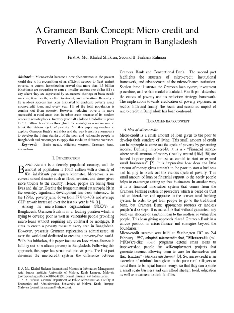 A Grameen Bank Concept: Micro-Credit and Poverty Alleviation Program in ...