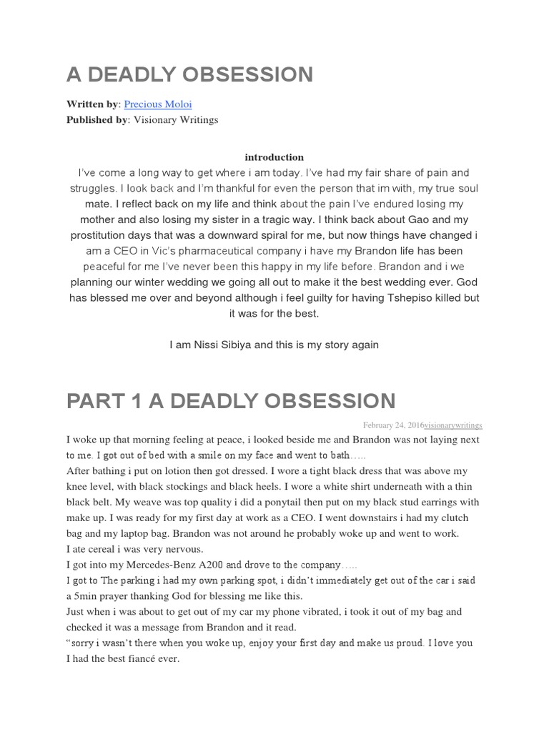 A Deadly Obsession: Written By: Published By: Visionary Writings | PDF ...