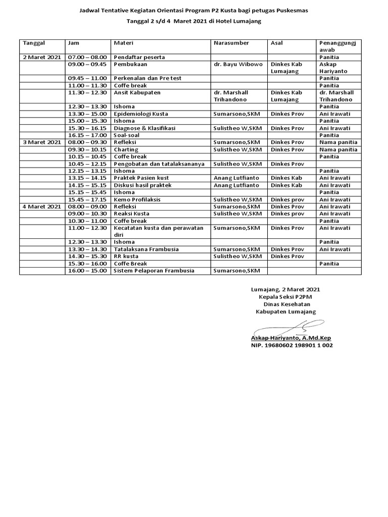 Jadwal Tentative Kegiatan Orientasi Program P2 Kusta Bagi Petugas Puskesmas | PDF