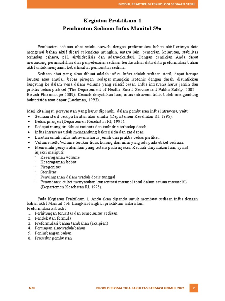 MODUL IV - Praktikum 1 Pembuatan Sediaan Infus Manitol 5% | PDF