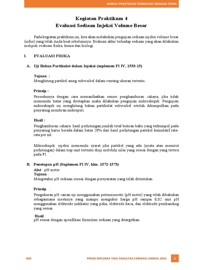 MODUL IV - Praktikum 4 Evaluasi Sediaan Injeksi Volume Besar | PDF | Pengembangan Diri ...