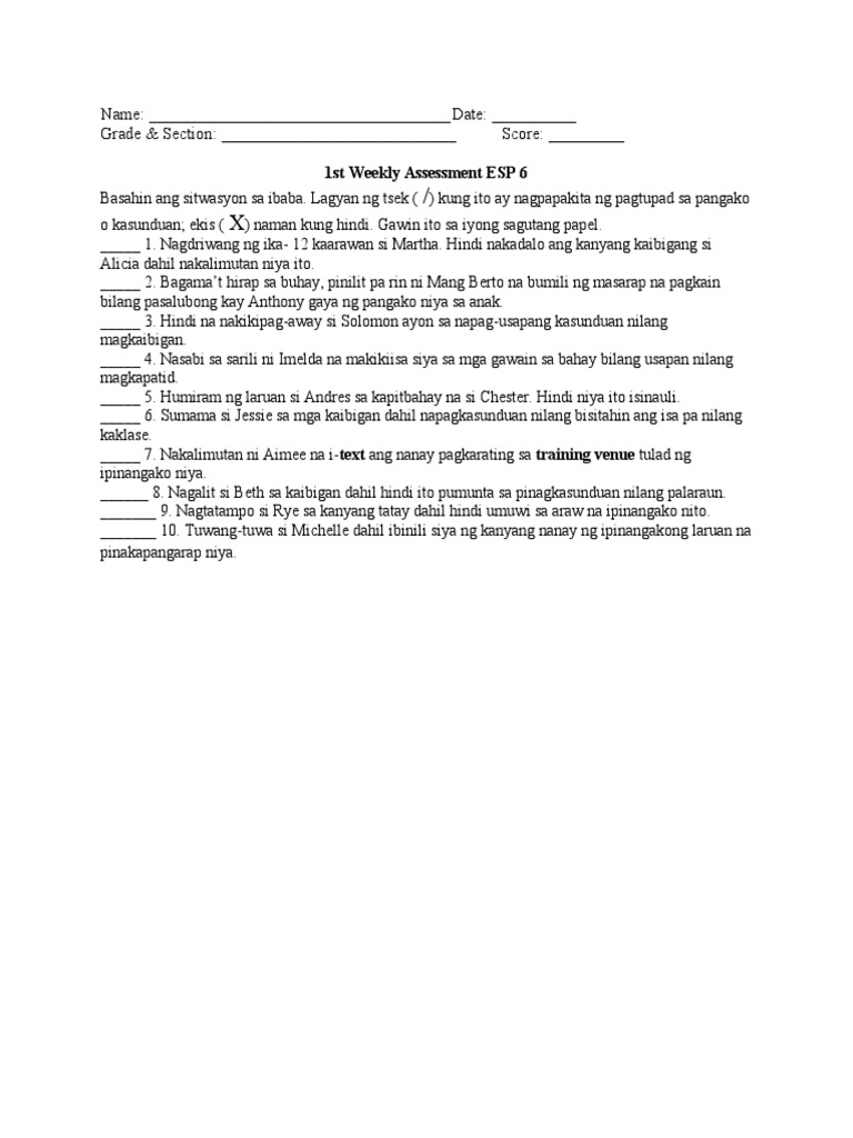 1st Weekly Assessment ESP 6 | PDF