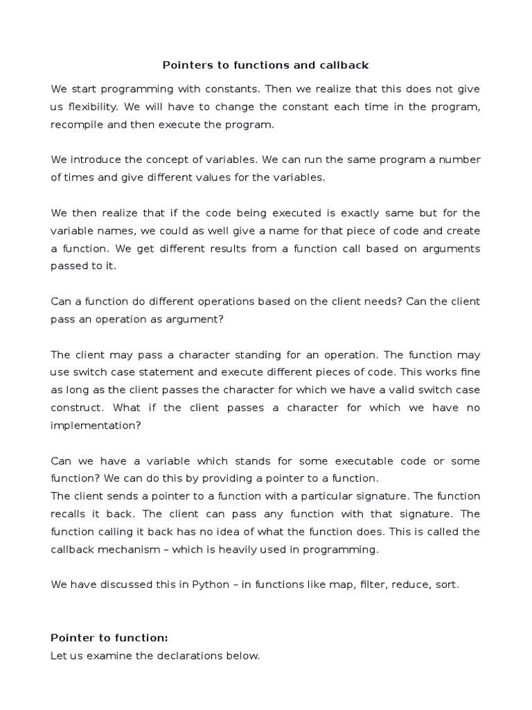 Pointers To Functions and Callback | PDF | Parameter (Computer Programming) | Callback (Computer ...