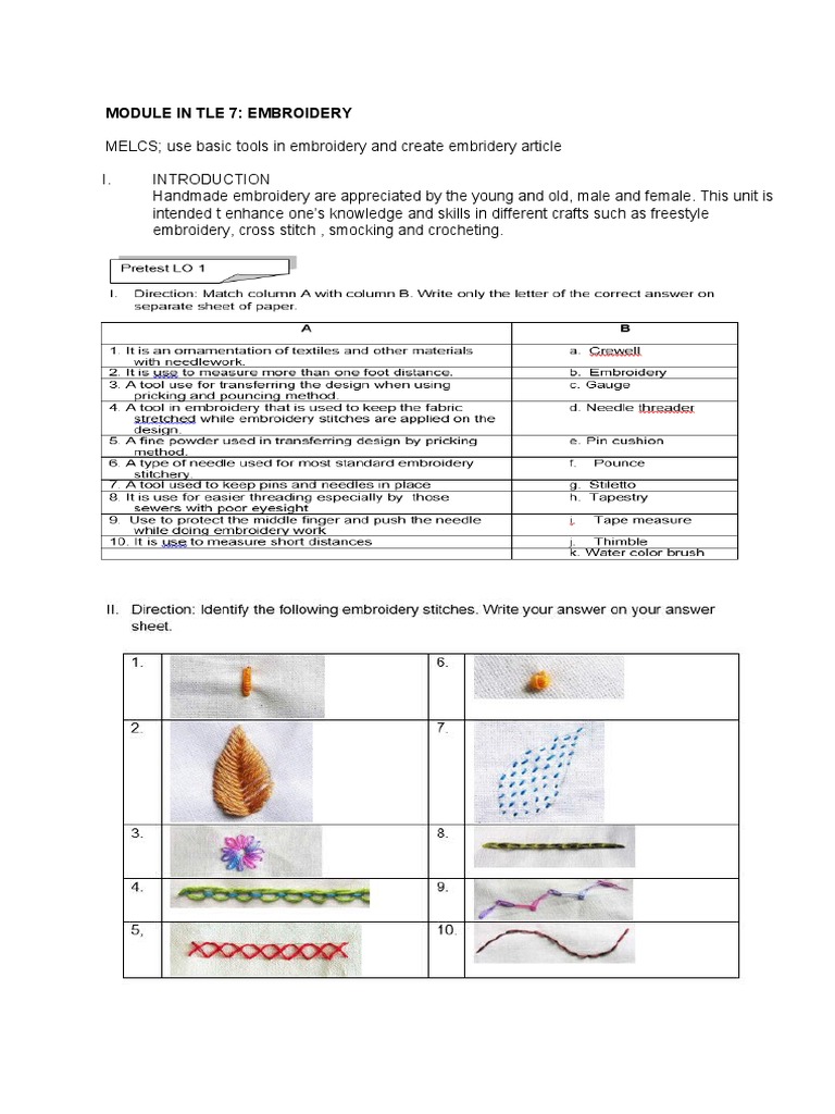 MODULE IN TLE 7 q4 Week 1-2 | PDF | Embroidery | Yarn