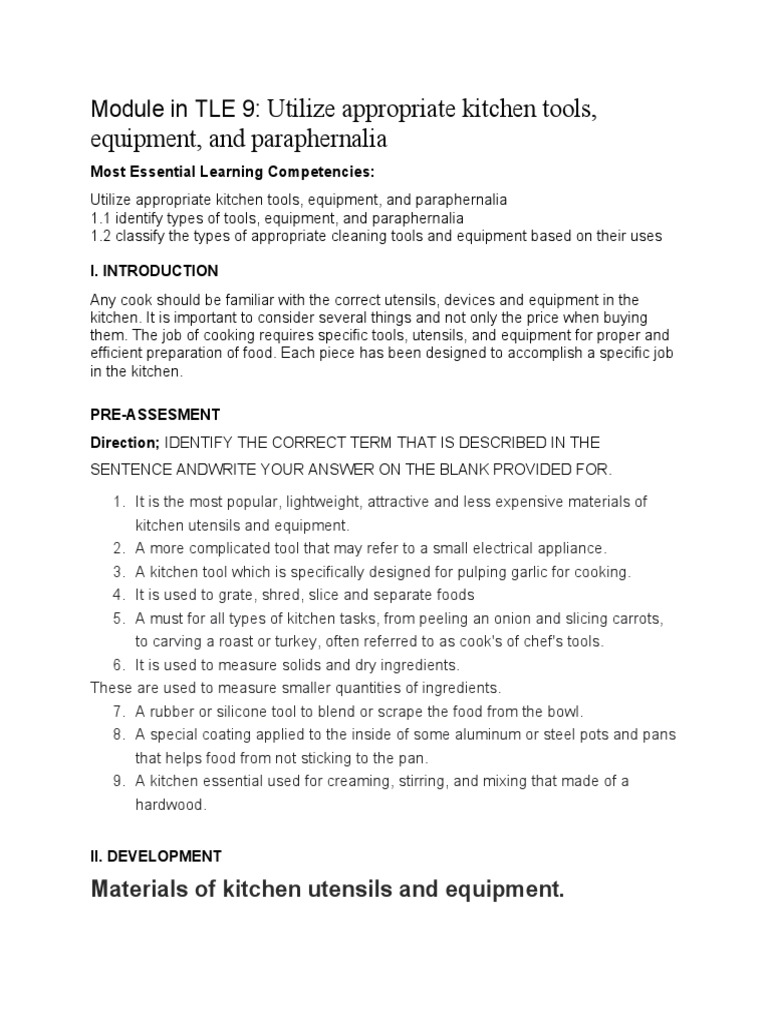 Module in TLE 9 q4 | PDF | Kitchen Utensil | Refrigerator