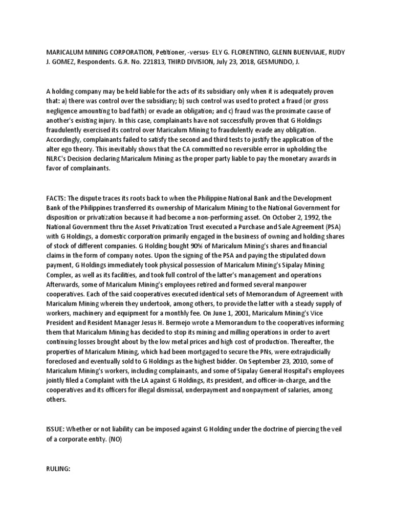Maricalum Mining Corp. vs. Florentino | PDF | Piercing The Corporate ...