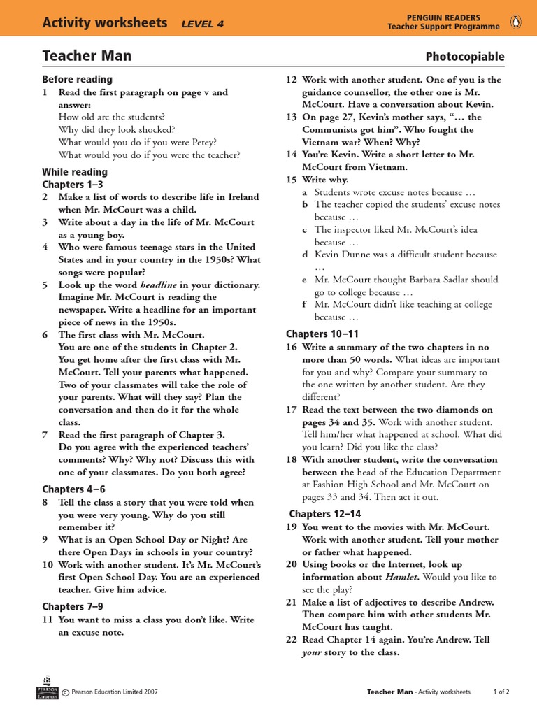 Teacher Man: Activity Worksheets | PDF | Books