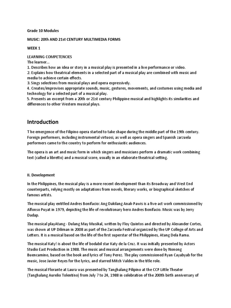 Grade 10 Modules Week 1 - 2 | PDF | Musical Theatre | Opera