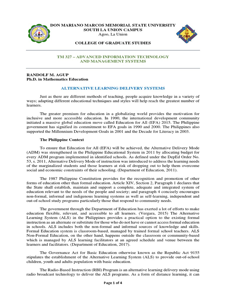 Alternative Learning Delivery Systems | PDF | Educational Technology ...