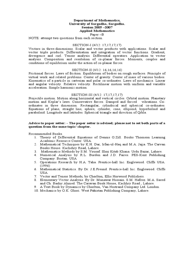 Applied Mathematics Exam Paper 2005-2007 | PDF | Center Of Mass | Force