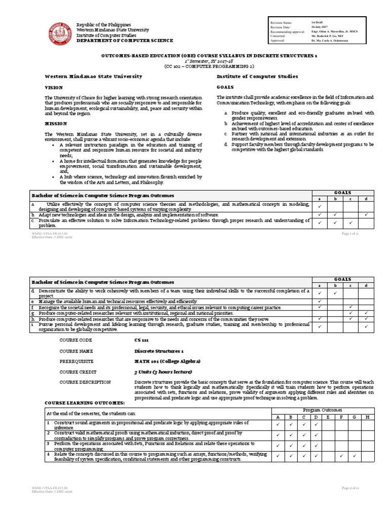 Obe Syllabus Cs 111 - Discrete Structures 1 v1 | PDF | Mathematical ...