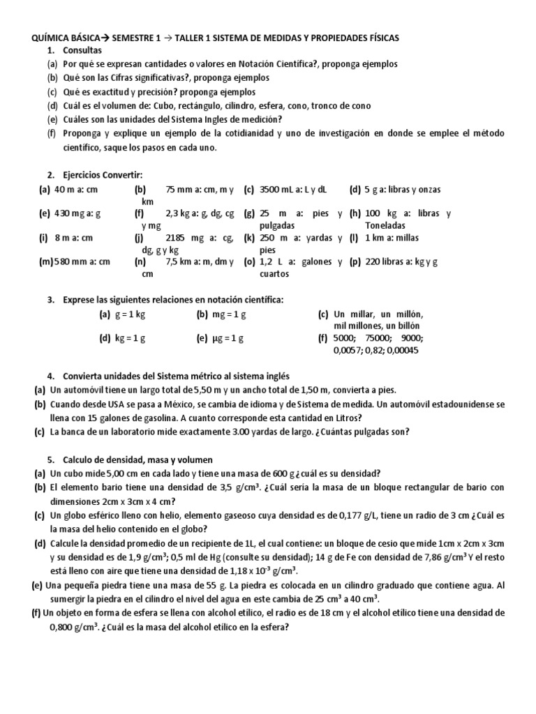Taller 1. Sistemas de Medidas | PDF | Densidad | Metrología