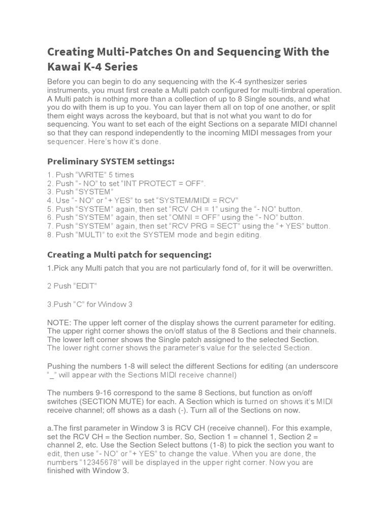 Kawai K4 Create Multipatch For Sequencing Tutorial | PDF | Synthesizer | Electronic Music