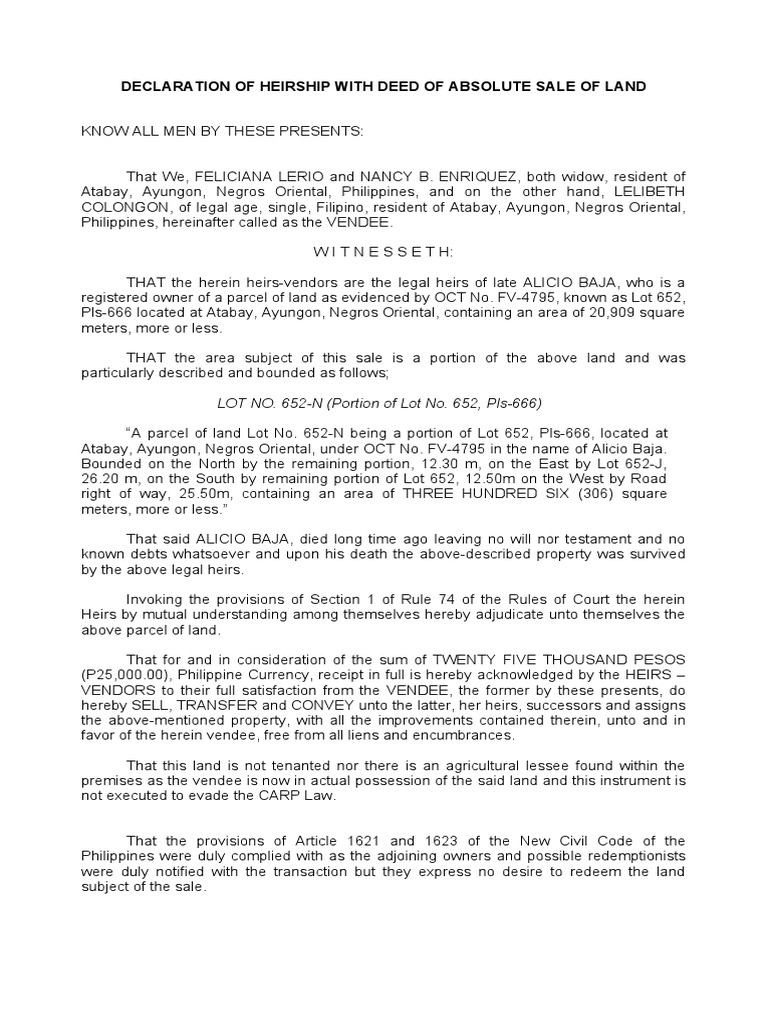 Declaration of Heirship W Sale-Lerio | PDF | Civil Law (Legal System ... Declaration of Heirship W Sale-Lerio | PDF | Civil Law (Legal System ...
