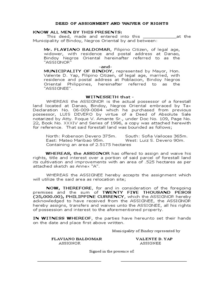 Deed of Assignment and Transfer of Rights-Flaviano | PDF | Assignment ...