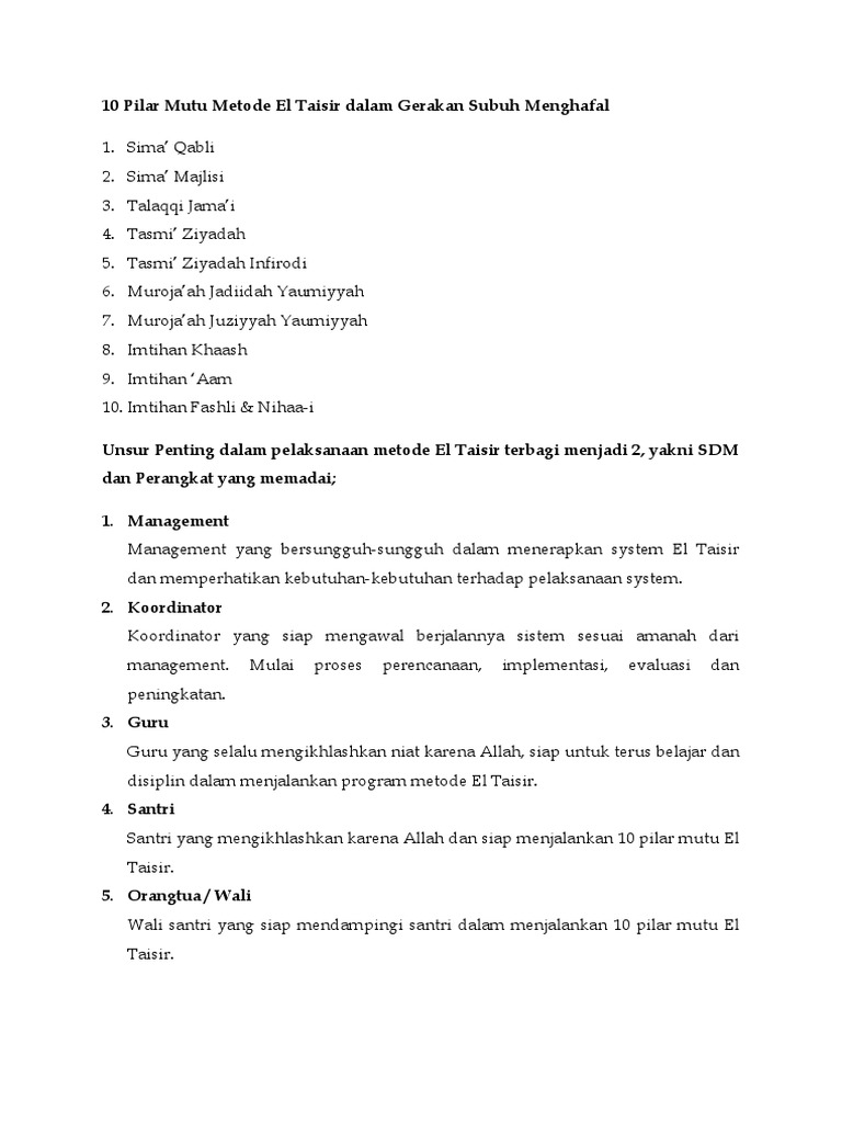 10 Pilar Mutu Metode El Taisir Dalam Gerakan Subuh Menghafal | PDF