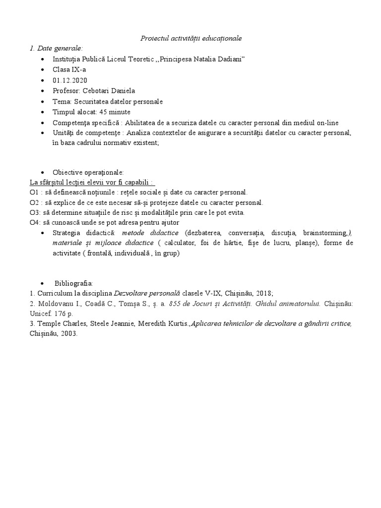 Proiect Educational Securitatea Datelor Personale | PDF