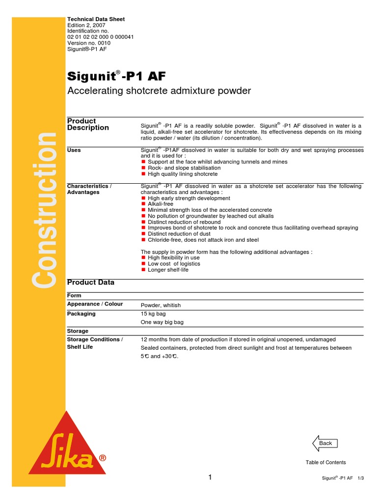 Sigunit - P1 AF: Accelerating Shotcrete Admixture Powder | PDF ...