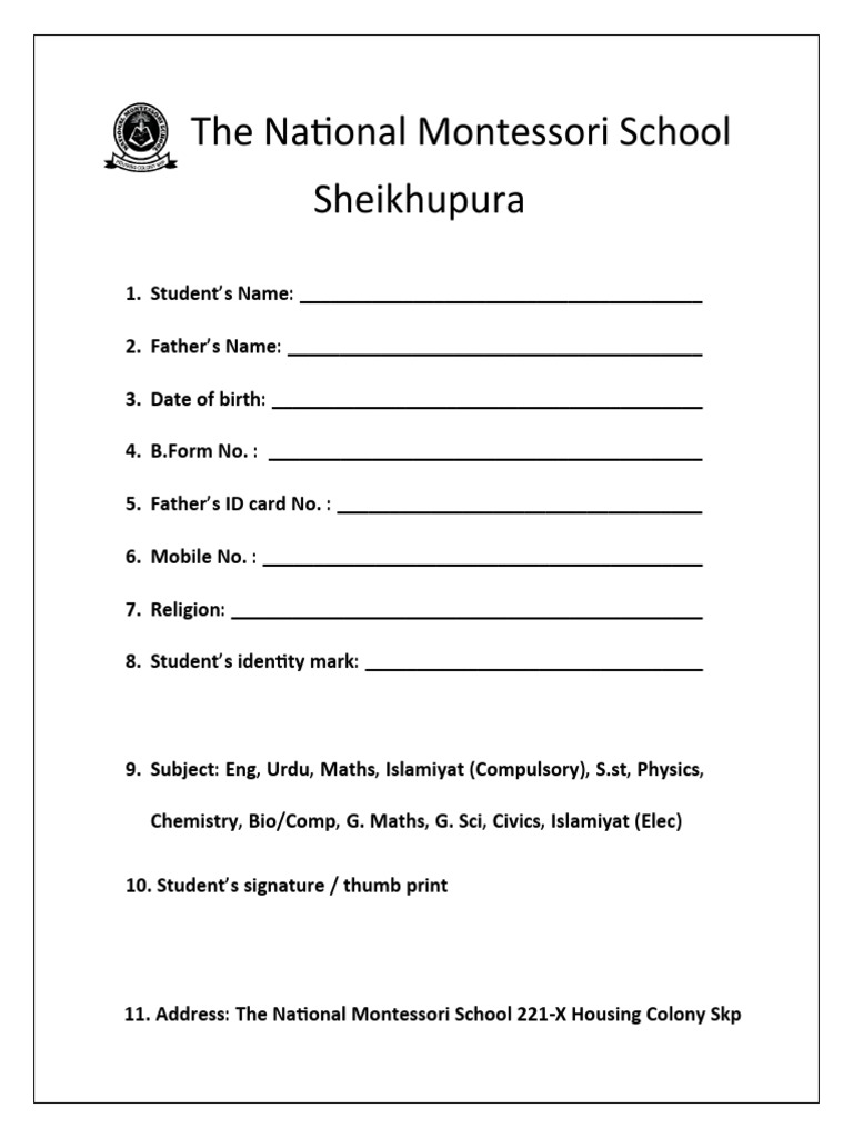 9th Admission Form | PDF