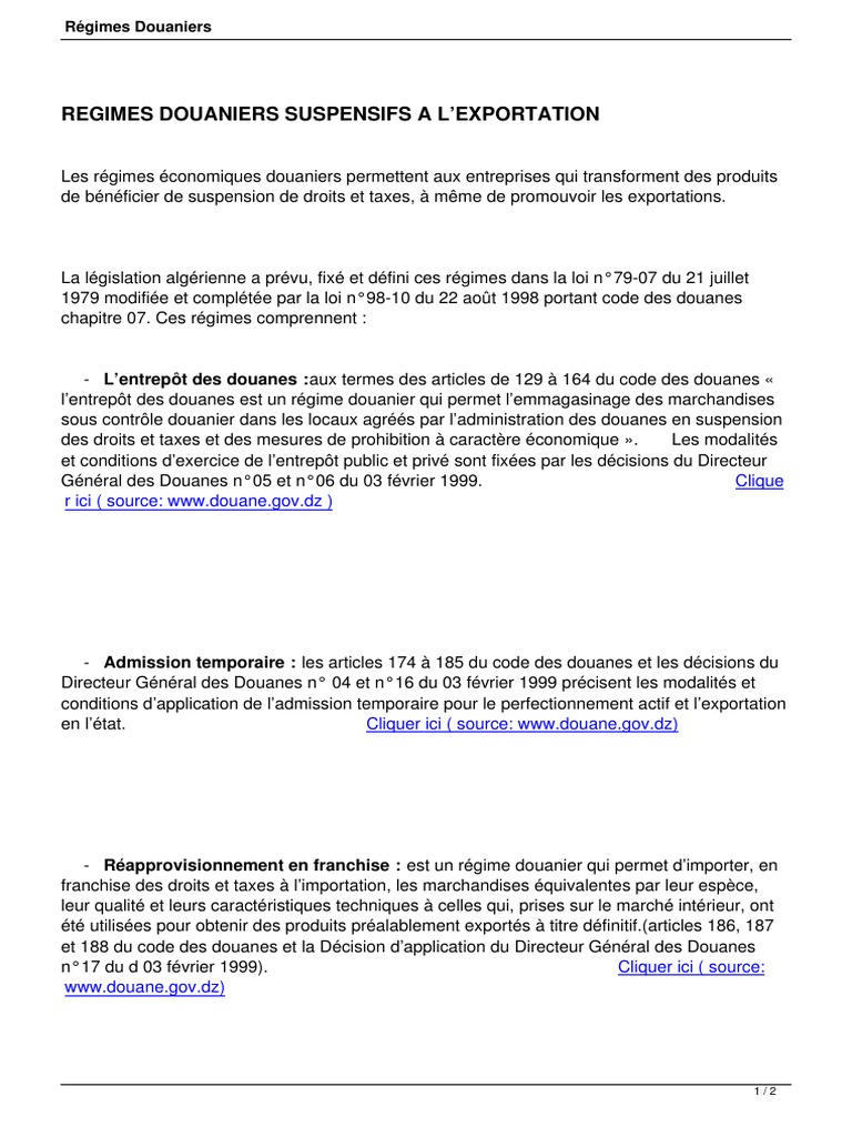 Régimes Douaniers Suspensifs Algériens | PDF | Économie | Business