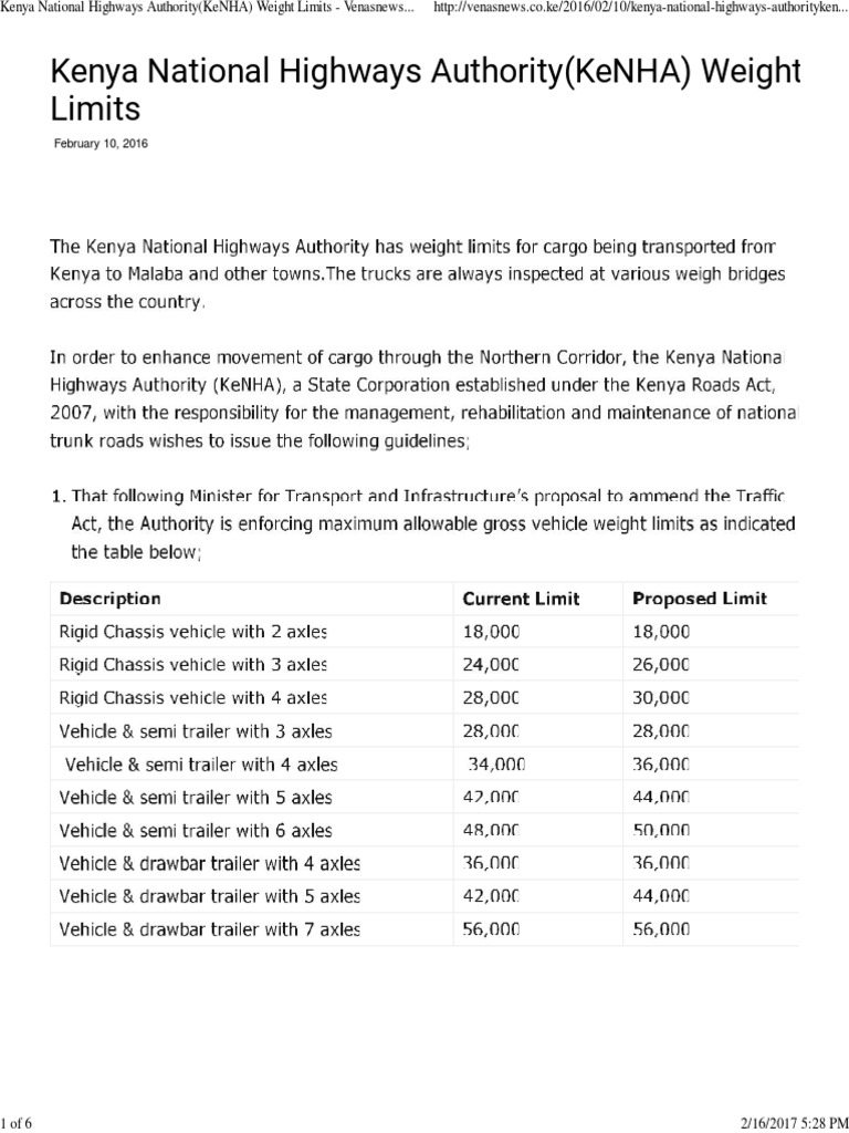 Kenya National Highways Authority (Kenha) Weight Limits: February 10 ...