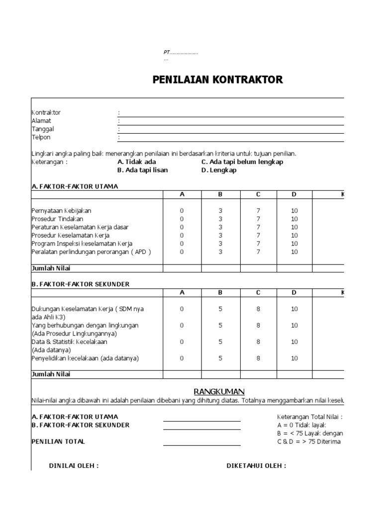 Form Penilaian Kontraktor | PDF