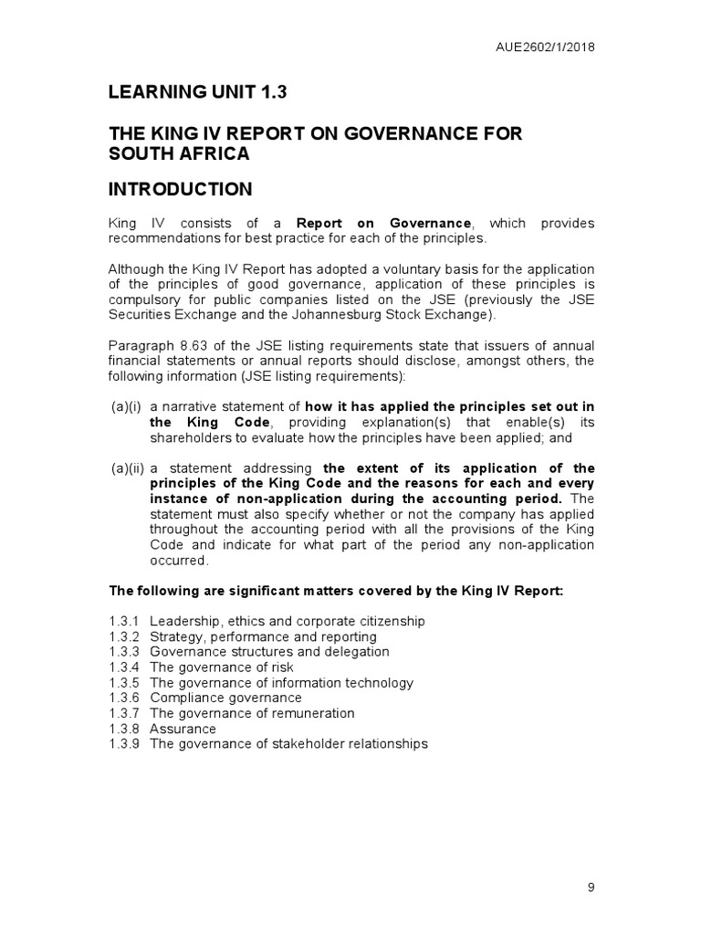 Learning Unit 1.3 The King Iv Report On Governance For South Africa ...