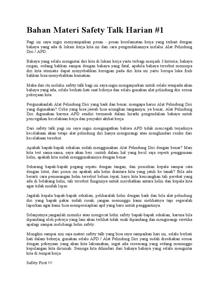 Materi Safety Talk Harian | PDF