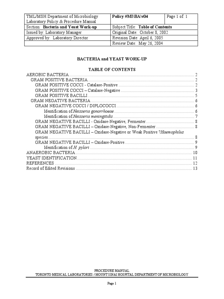 Manual, Bacteria and Yeast Work Up | PDF | Gram Negative Bacteria ...