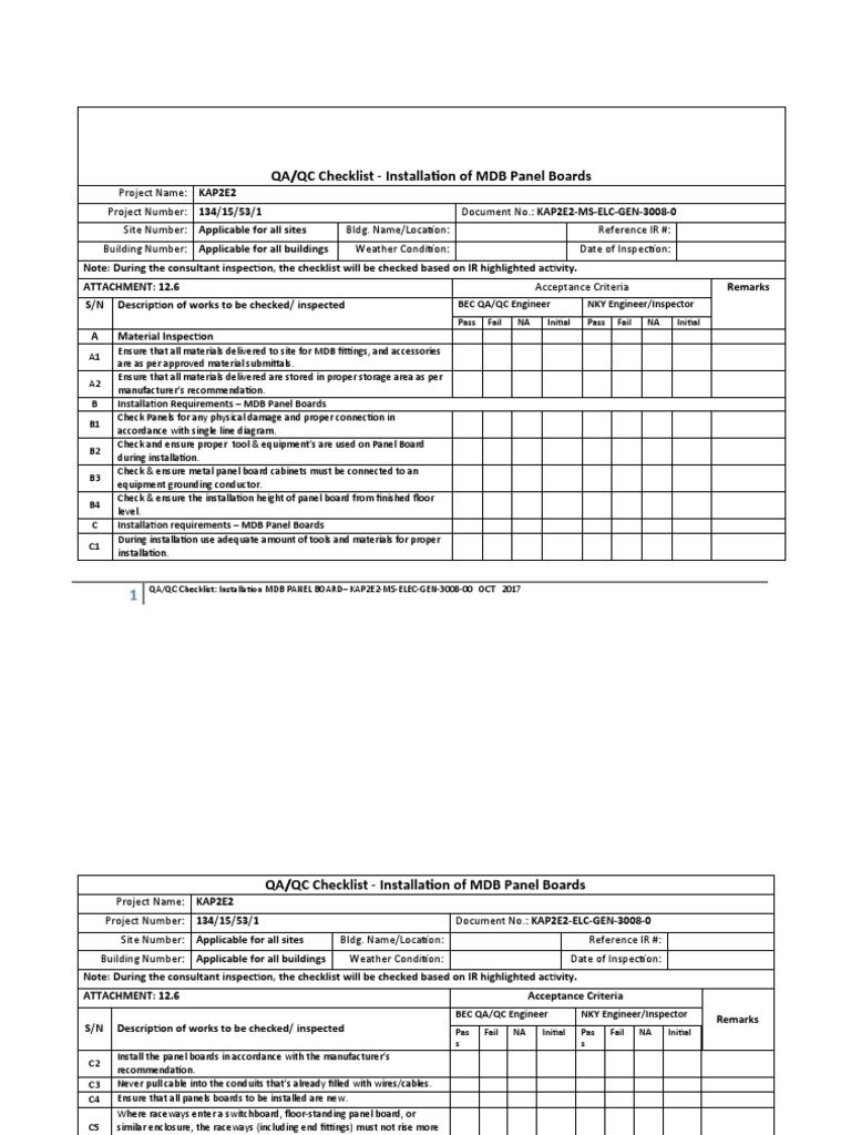 QA/QC Checklist - Installation of MDB Panel Boards | PDF | Electricity ...