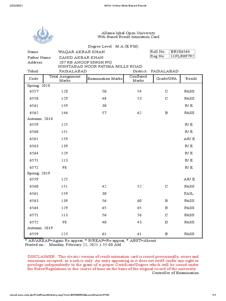 AIOU Provisional Result Card Details | PDF