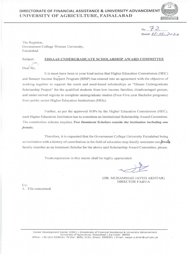 Letter To Registrar GCUF GCWU For EUSP | PDF | Students | Academia