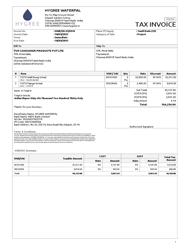 Tax Invoice: Hygree Waterfal | PDF | Invoice | Tamil Nadu