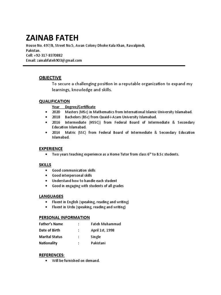 Zainab Fateh CV | PDF