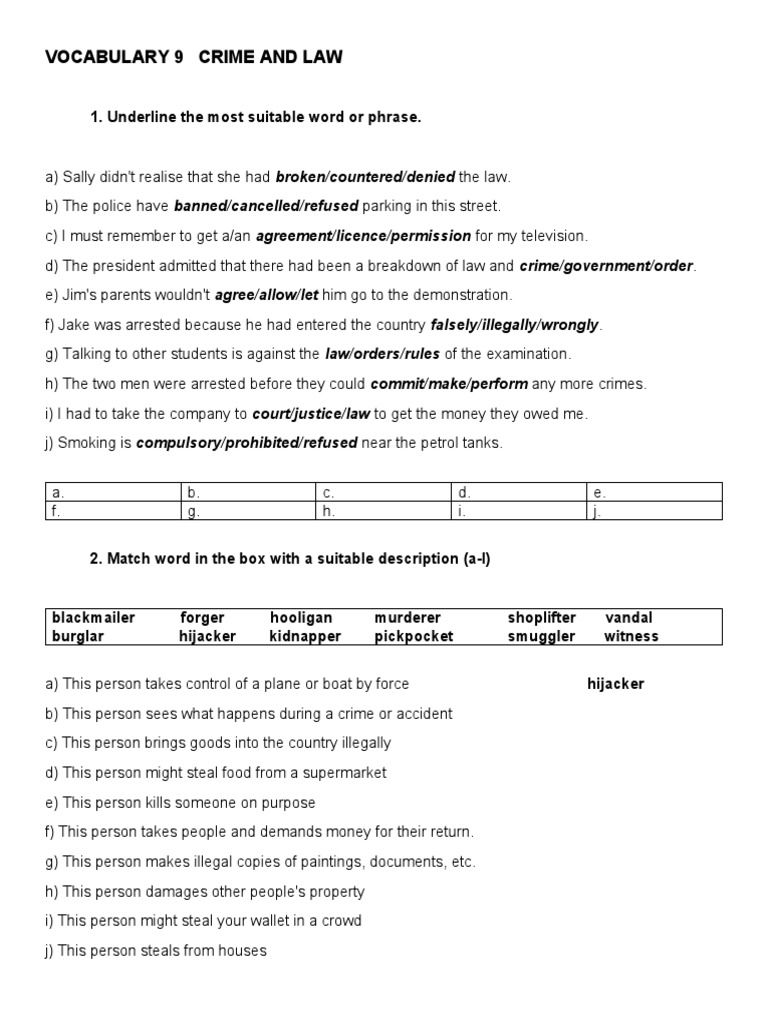 Crime and Law Vocabulary Exercises | PDF | Deviance (Sociology) | Crime ...
