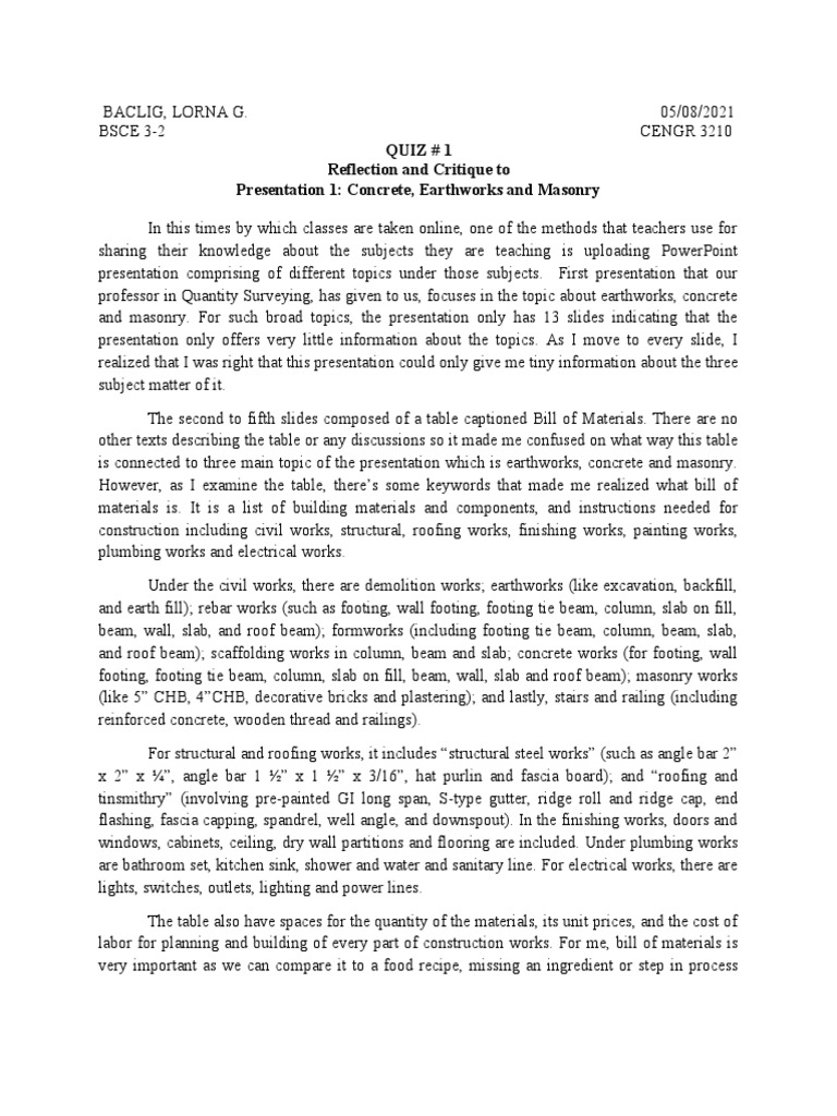 Baclig, Lorna G. (Bsce 3-2) Quiz # 1 | PDF | Wall | Concrete