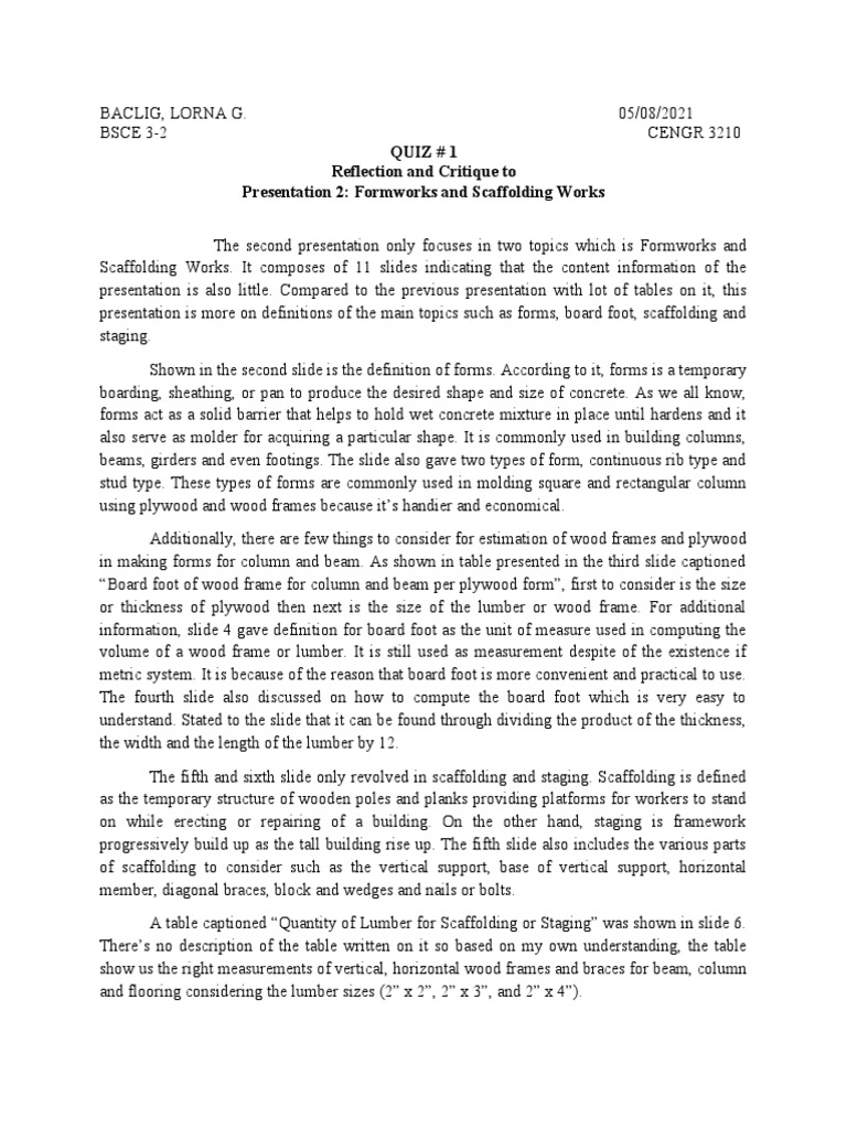 Baclig, Lorna G. (Bsce 3-2) Quiz # 1 | PDF | Scaffolding | Framing (Construction)