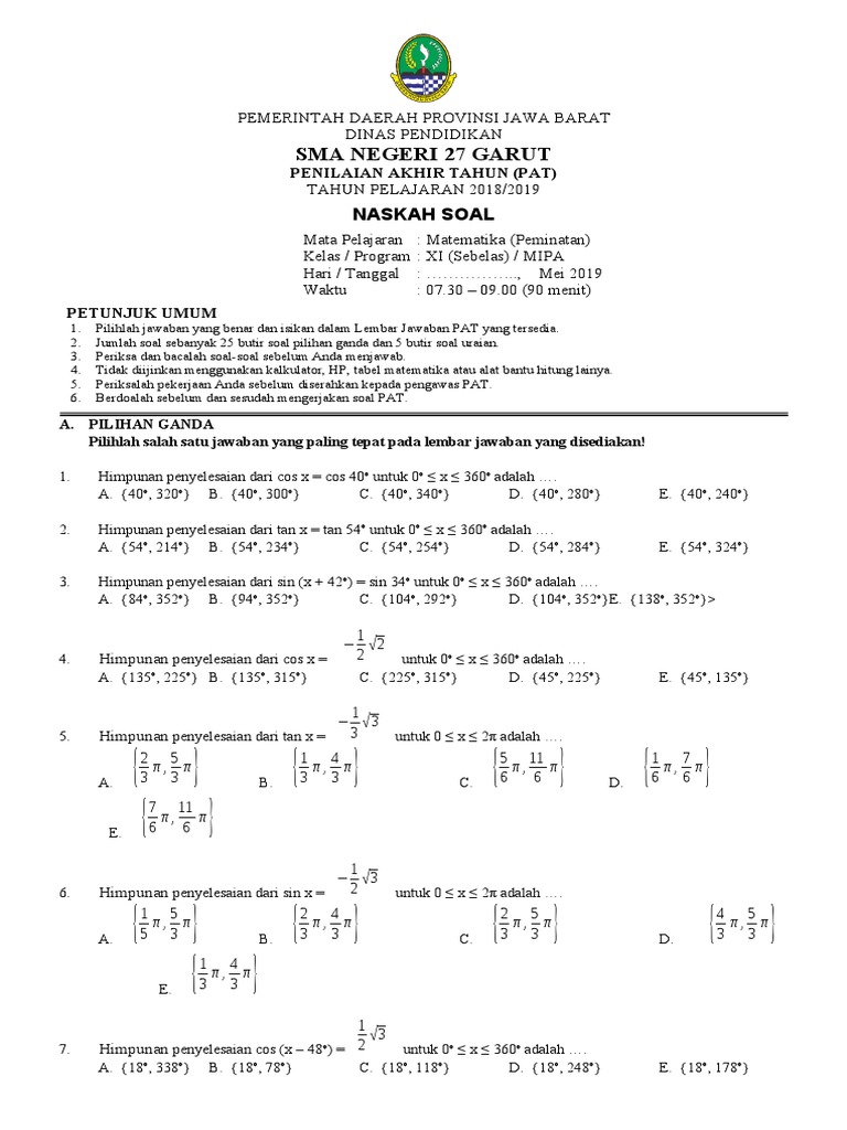 1819 Naskah Soal PAT Mat XI Minat PG | PDF
