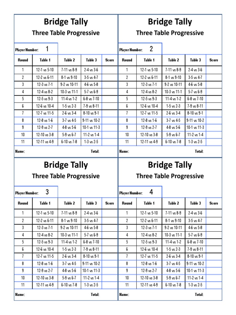Bridge Tally Bridge Tally: Three Table Progressive 2 Three Table ...