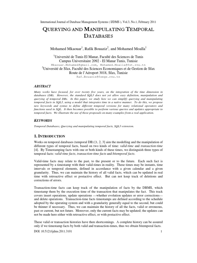 Querying and Manipulating Temporal Databases | PDF | Relational Model | Sql