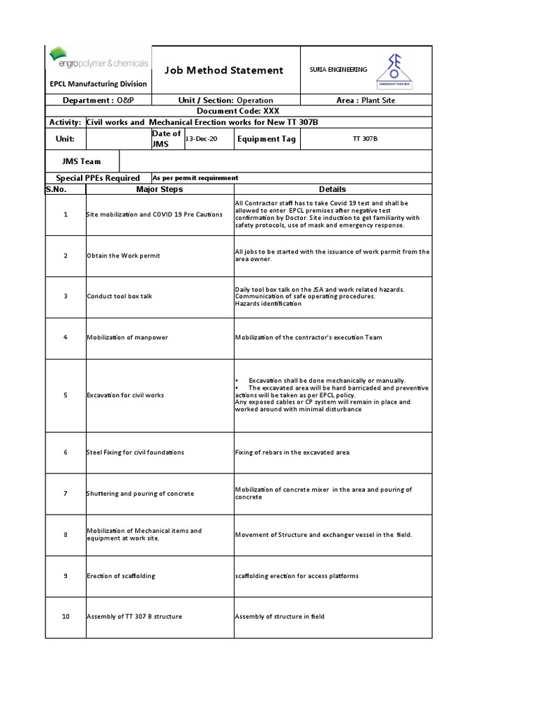 Job Method Statement: As Per Permit Requirement | PDF | Crane (Machine ...